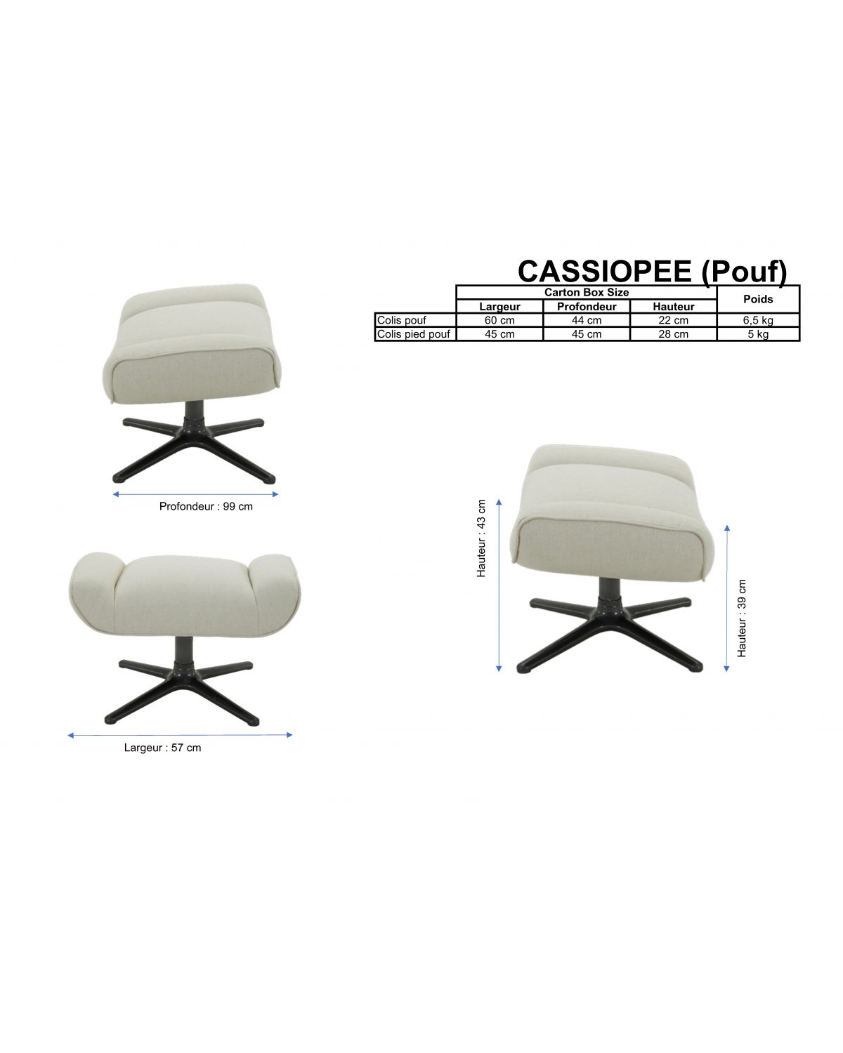 Fauteuil + Pouf Relax Manuel - Cuir ou Tissu - CASSIOPEE Colour White ...